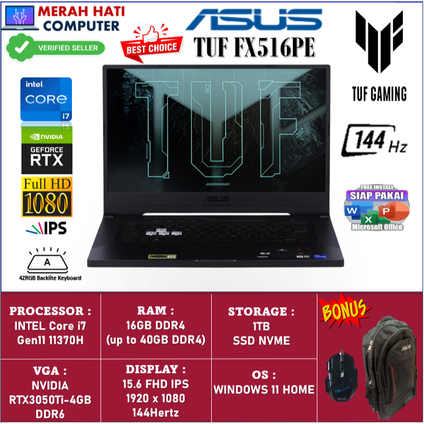 Jual Laptop Gaming Slim ASUS TUF F15 FX516PE GAMING INTEL I7 GEN11 40GB 1TBssd RTX3050Ti FHD ...