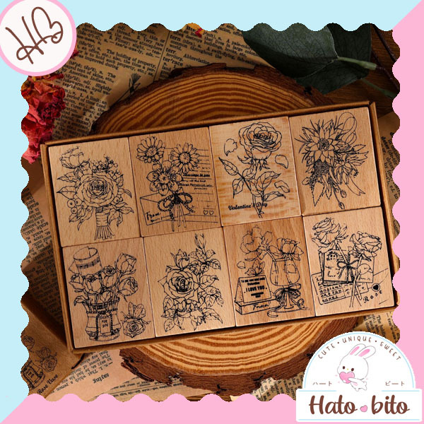 Jual 1 set isi 8 pcs book of roses wood stamp aesthetic stempel bentuk ...