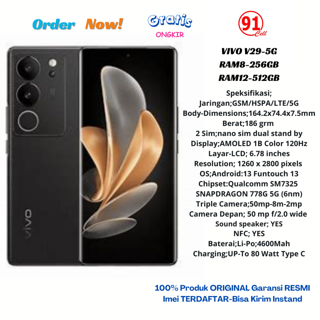 Jual VIVO V29-5G (RAM8/256GB) CHIPSET SM7325 SNAPDRAGON 778G-LCD AMOLED-CHANGER 80WT-CAMERA 50MP ...