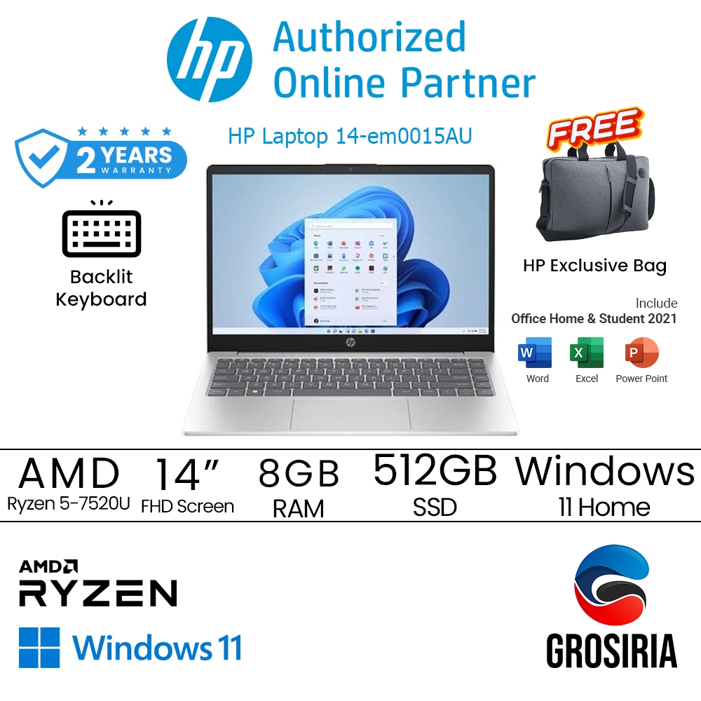 Jual HP Laptop 14 EM0015AU AMD Ryzen 5 7520U 8GB 512GB Win 11 [7L9C6PA ...