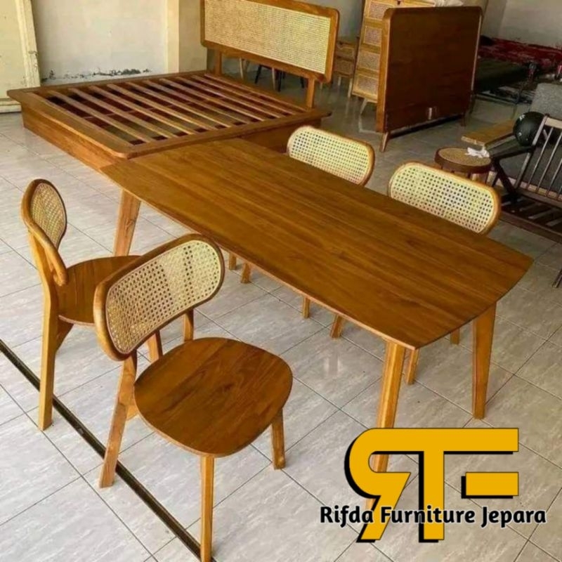 Jual set kursi makan retro jati rotan terbaru (meja makan jati,kursi makan jati,kursi makan cafe ...