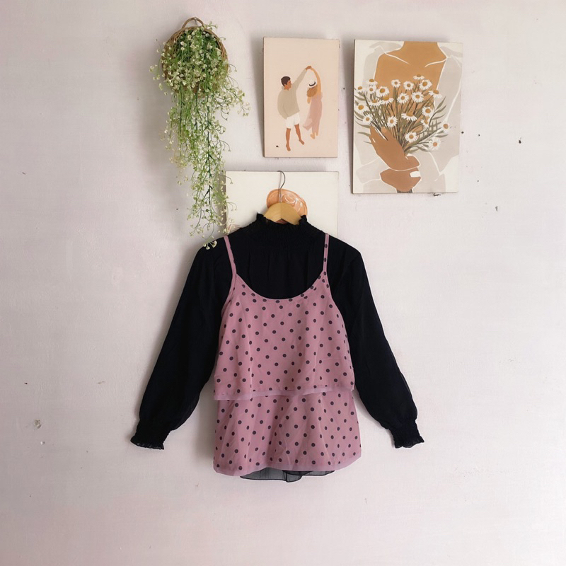 Jual ONE SET INNER HITAM KOMBINASI TANK TOP POLKA | Shopee Indonesia