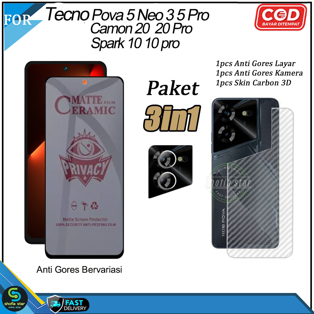 Jual Paket 3in1 Tempered Glass Ceramic Privacy Matte Tecno Pova 7 4G 5 Pova 5 Pro Pova Neo 3 ...