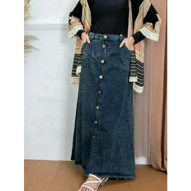 Jual Rok Jeans Panjang Gisca Kancing Depan Murah//Rok jeans wanita ...