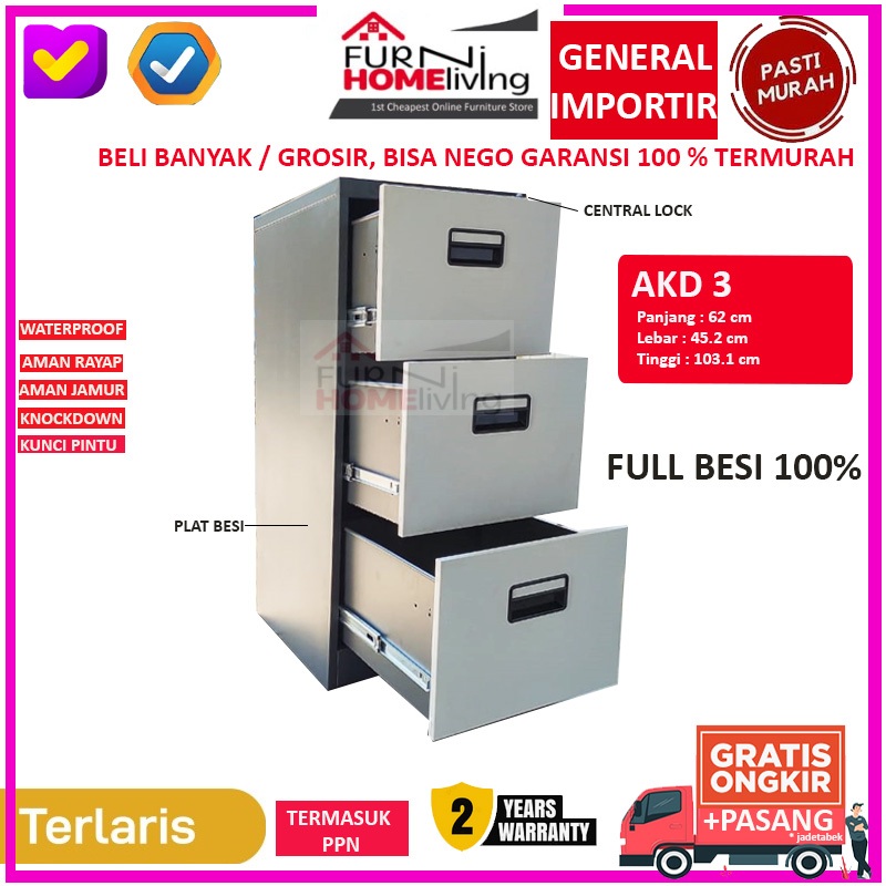 Jual (Cargo JNE) PROMO Filling Cabinet Besi 3 Laci / 3 Susun AKD3 | Shopee Indonesia