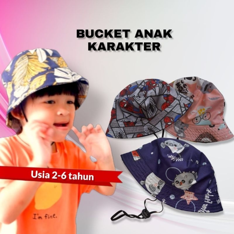 Jual Topi Bucket anak motif karakter Bucket anak pakai tali | Shopee ...