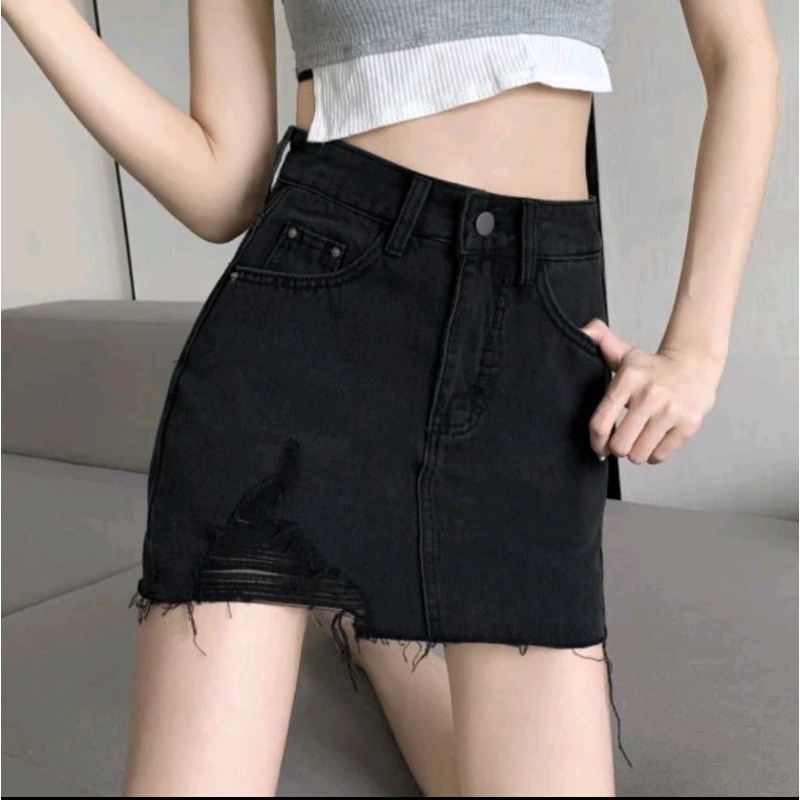 Jual Rok mini jeans pendek wanita line Korea style ripped fashion ...