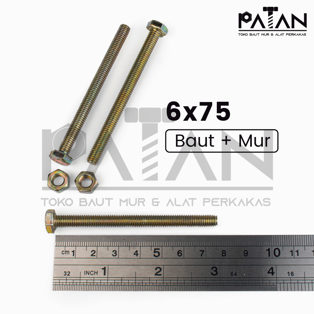 Jual [ISI 10 PCS] Baut dan Mur Besi M6 (Panjang 50-75) Kuning Kunci 10 Drat Pitch 1.00 -Baut ...