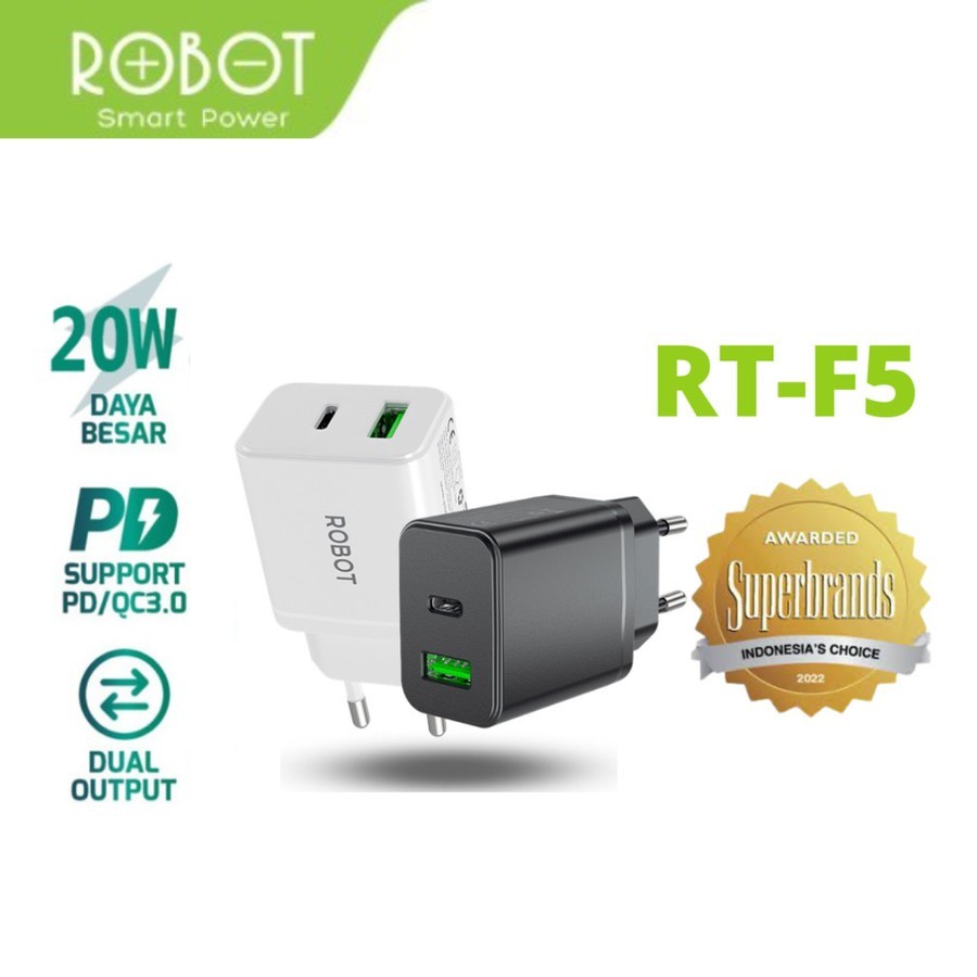 Jual Charger Robot RT-F5 20W Dual Port Output USB-C USB-A 3A PD QC3.0 ...
