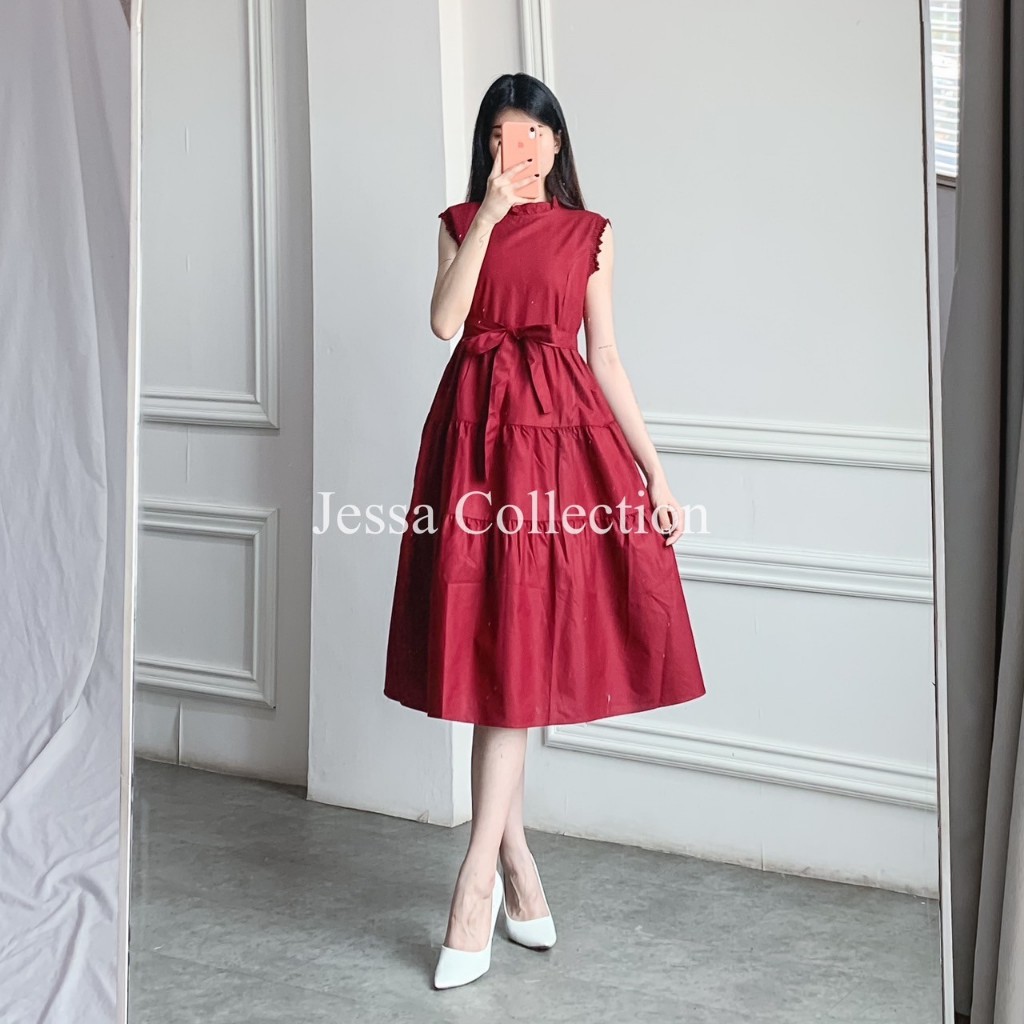 Jual Premium Velva Ribbon Dress TH 893 COTTON Gaun Midi Wanita Ruffle ...
