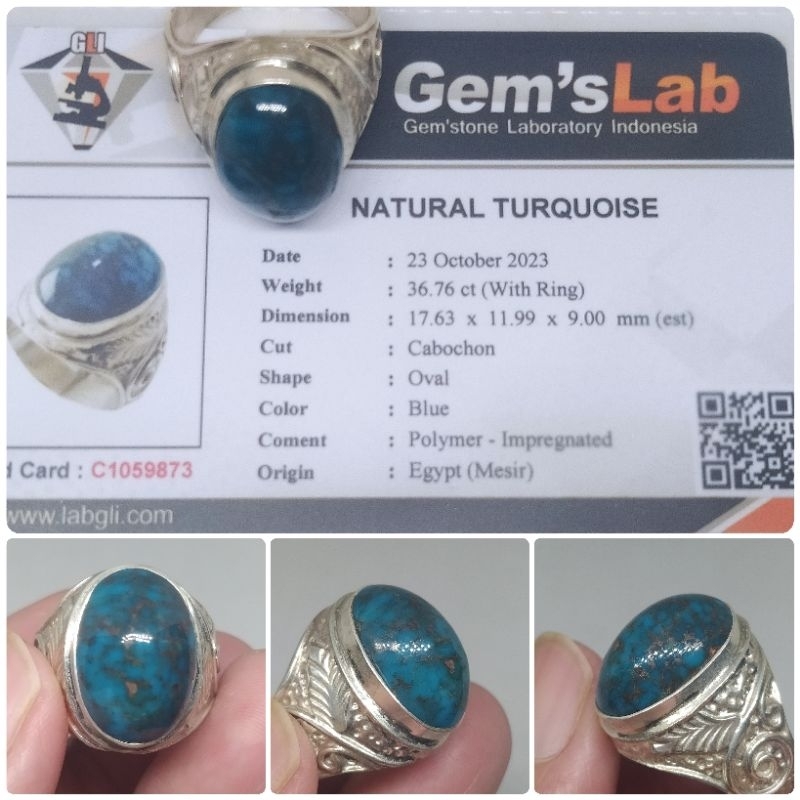 Jual Natural Turquoise Pirus Mesir 12 ct est Biru bagus memo GLI Ring ...