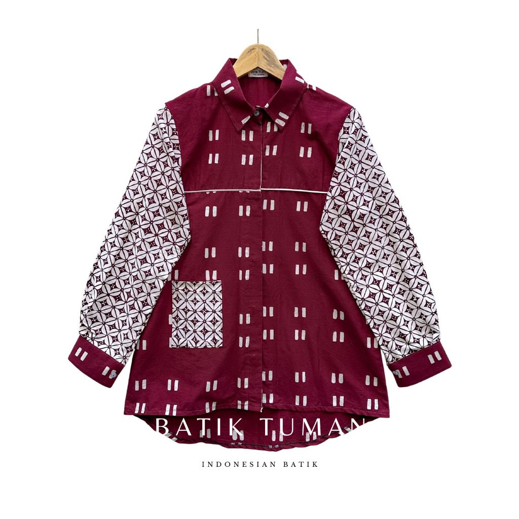 Jual KAWUNG MILENA Blouse Kemeja Batik Kerja Kantor Wanita Warna Marun Maroon White Bahan Batik ...