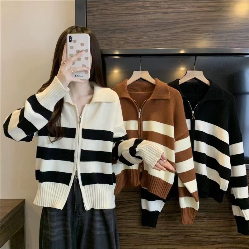 Jual KNIT LONG SLEEVE WANITA ATASAN LENGAN PANJANG RAJUT GARIS MX792 | Shopee Indonesia