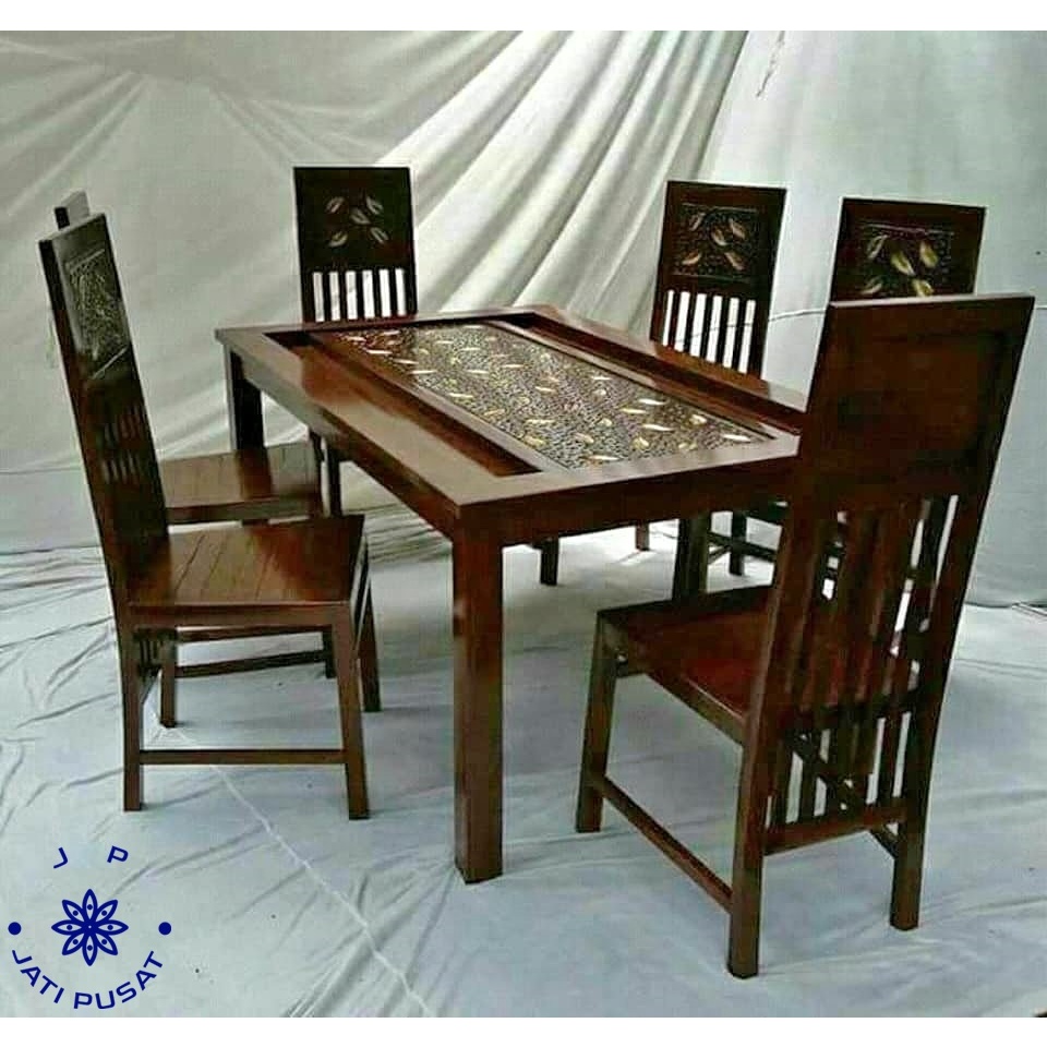 Jual Meja makan kayu jati kursi 6 + kaca minimalis | Shopee Indonesia