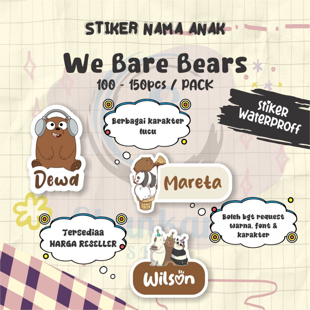 Jual ( 100-150pcs) Stiker Nama TEMA WE BARE BEARS / Stiker Custom ...