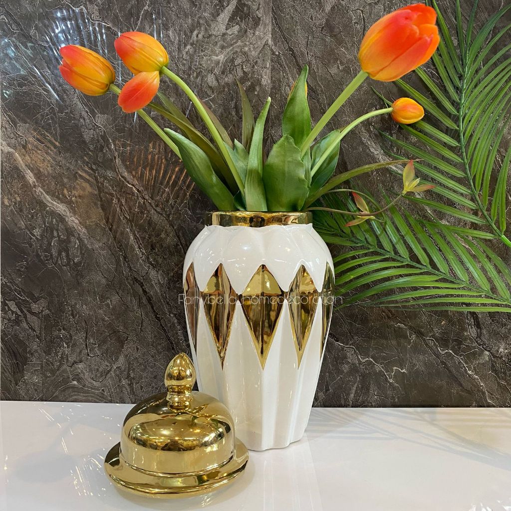 Jual Vas Bunga Keramik Guci Putih Gold Emas Mewah Ginger Jar Dekorasi ...