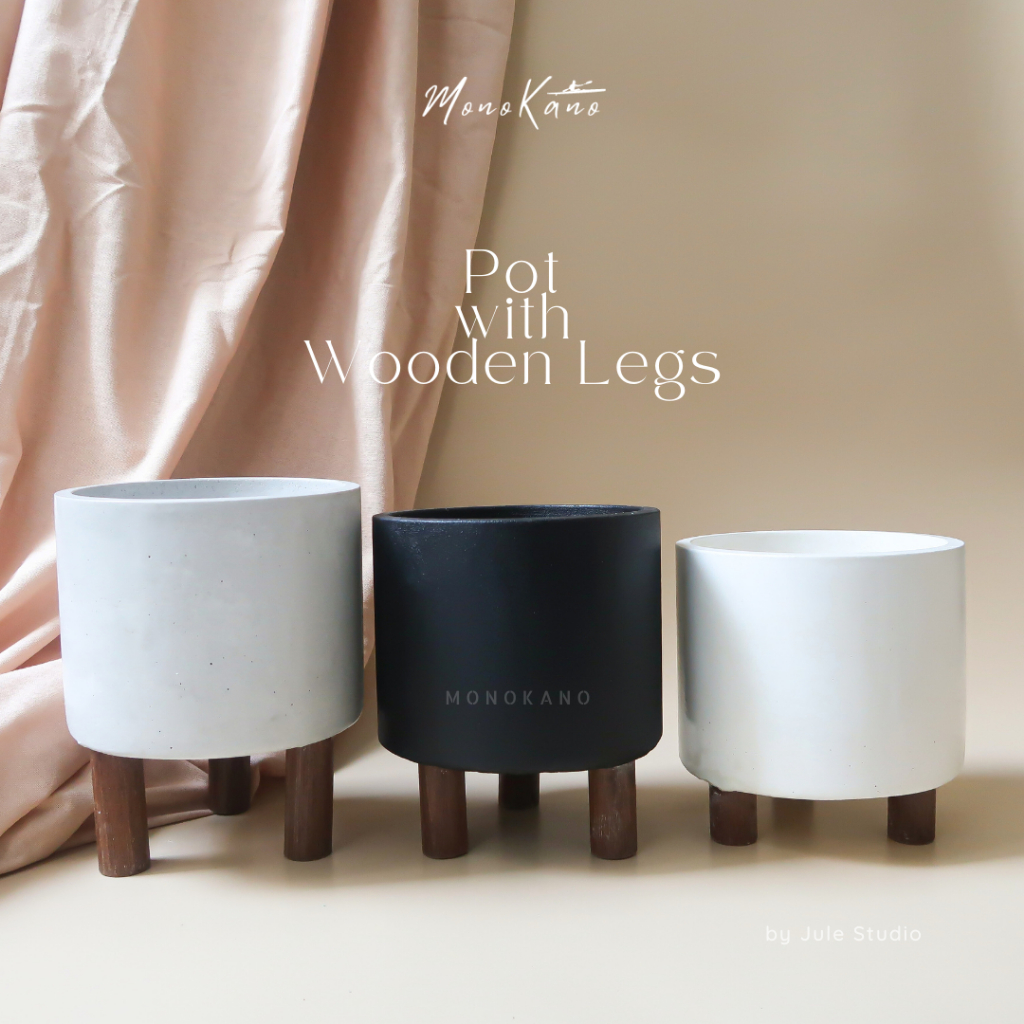 Jual POT TANAMAN D15CM/3 Wooden Legs/Kaki Kayu/Waterproof/Noir/Black ...