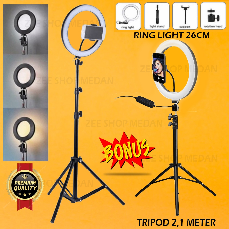 Jual Ring light 26cm + Tripod 2.1m / Paket tripod + ringlight BONUS holder HP / makeup dan ...