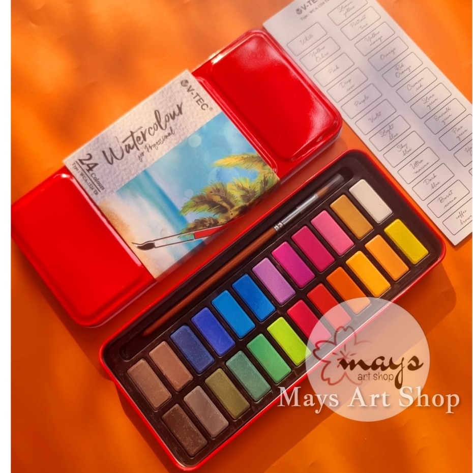 Jual [PREMIUM] Cat Solid Watercolor Paint V-Tec Aquarelle - Cat Air Padat Set + Kuas Isi 12 24 ...