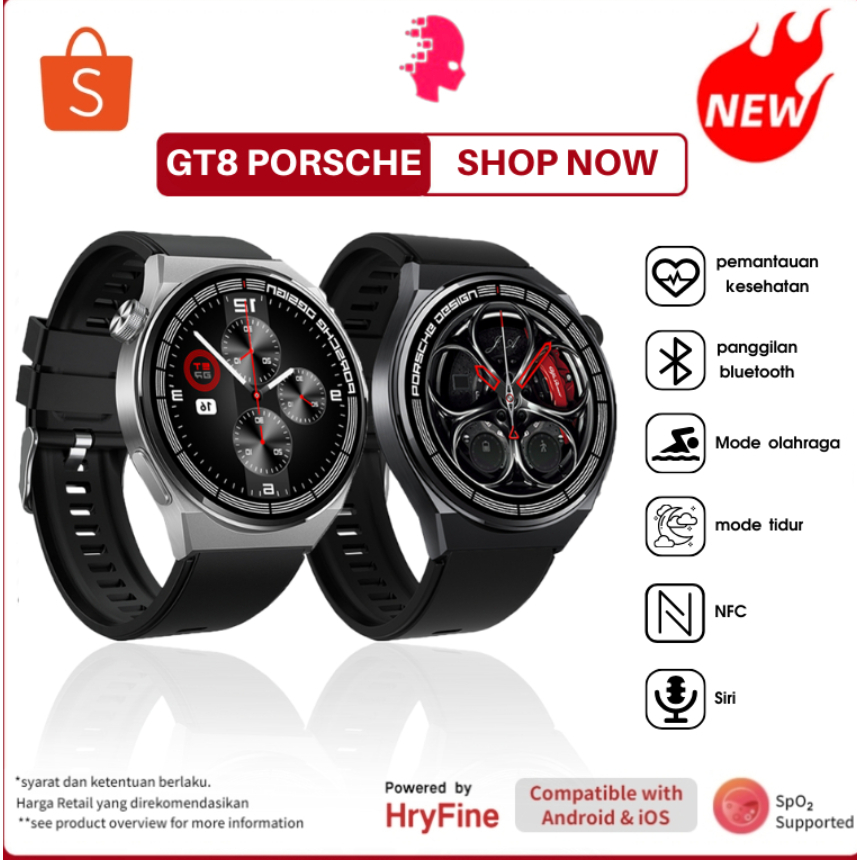 Jual SmartWatch GT8 Porsche Wireless Charge GPS NFC IP68 Water Dust ...