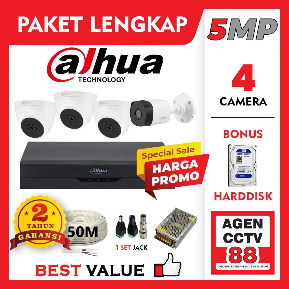 Jual Paket CCTV DAHUA 4CH / 4 Channel 5MP Kamera Ultra HD Komplit ...