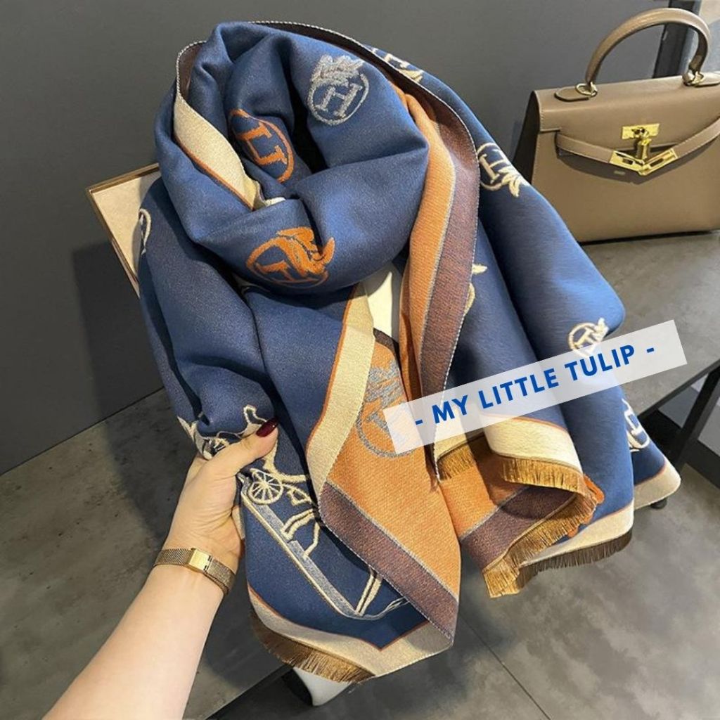 Jual Scarf Premium Elegant Hangat Syal Wool Kasmir Import Biru H Motif ...