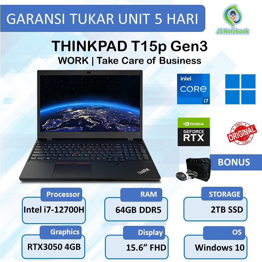 Jual Lenovo Thinkpad T15p G3 RTX3050 4GB Intel i7-12700H 64GB 2TB SSD ...