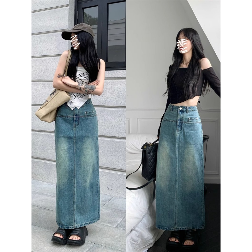 Jual Midi Denim Fashion Rok Jeans A-line Highwaist Biru Retro Rawis ...