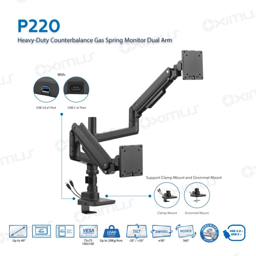 Jual Bracket Monitor OXIMUS P220 Heavy-Duty Gas Spring Monitor Dual Arm ...
