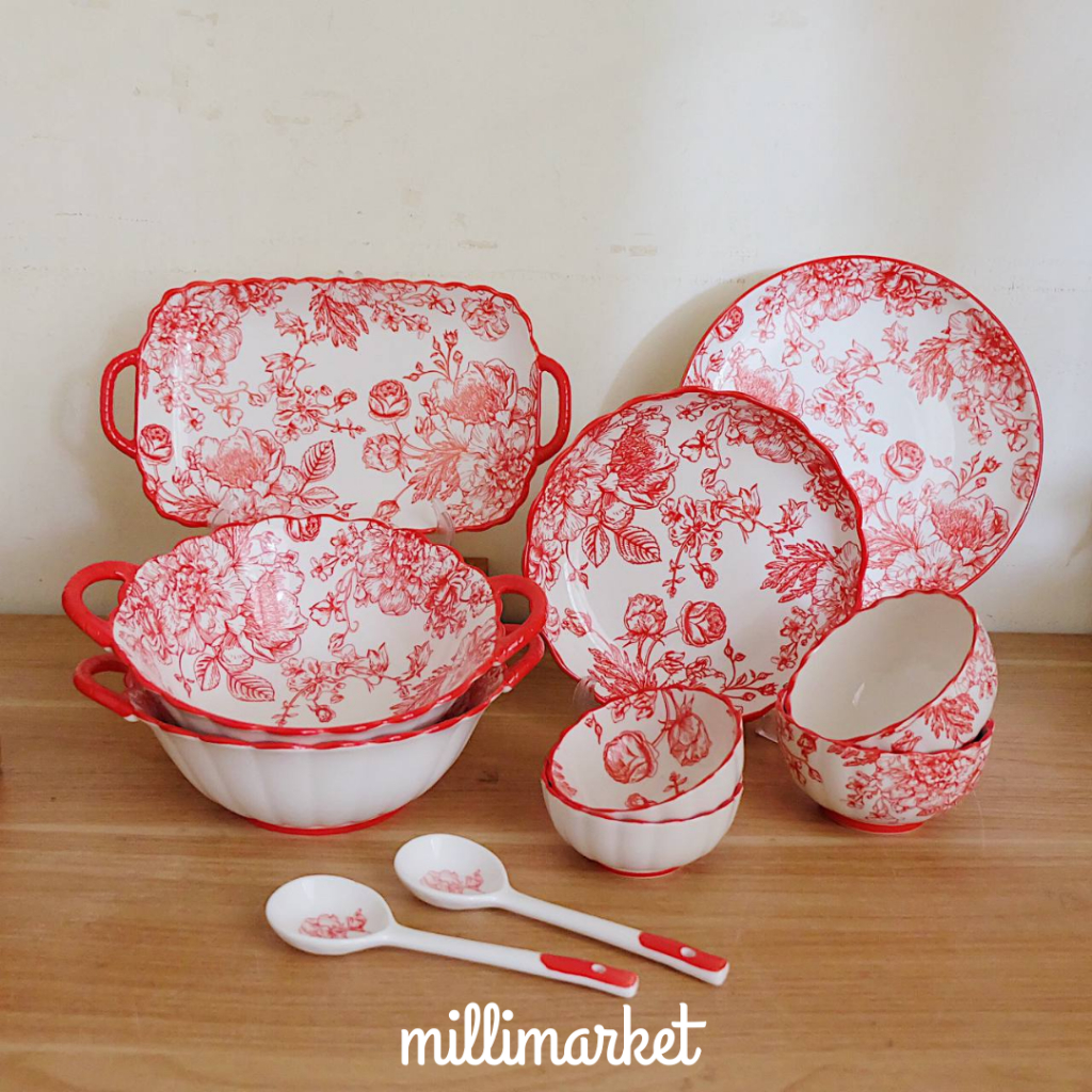 Jual [MILLI] RED FLORAL CERAMIC TABLEWARE SERIES / Mangkok sendok ...