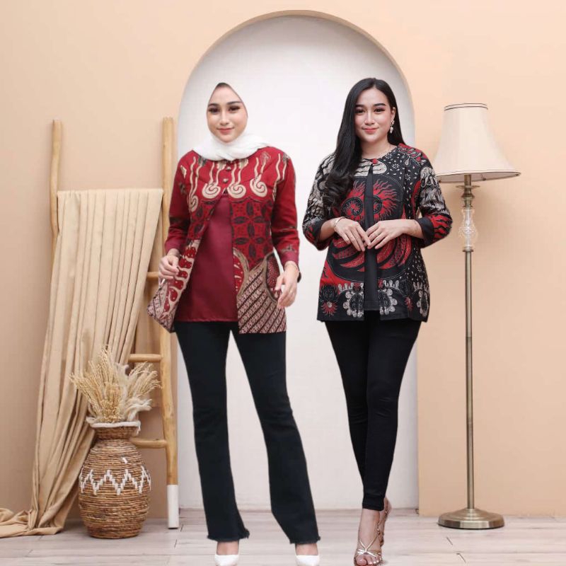 Jual Batik Wanita Blouse Kerja Modern Merah Maroon Model Balero Bahan ...