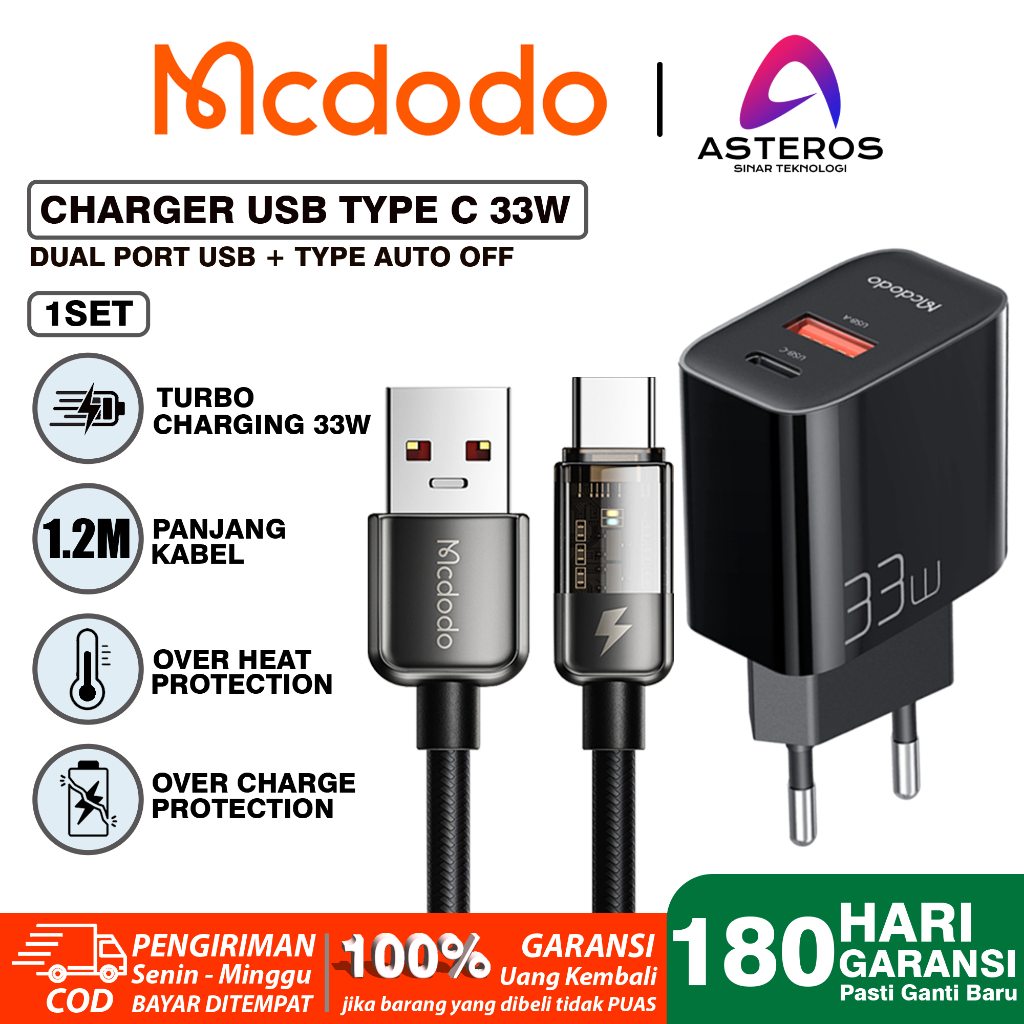 Jual MCDODO Charger Mi Turbo Charge 33W USB Type C Fast Charging 5A For ...