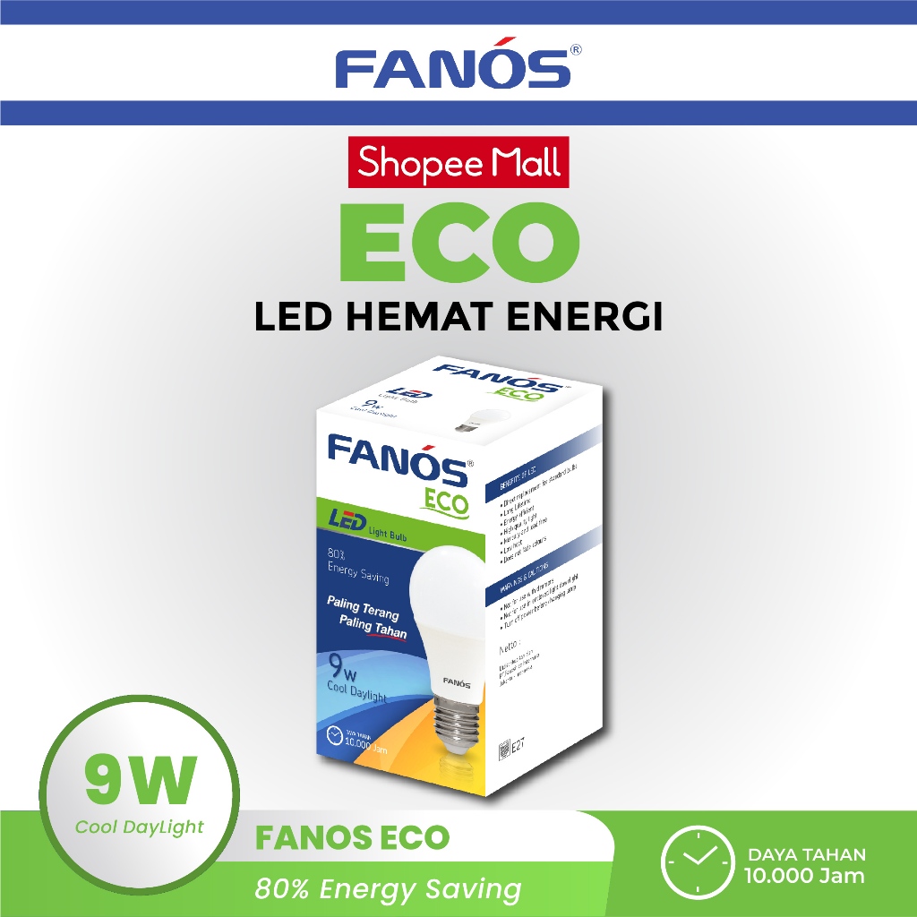Jual Fanos Eco 9W Lampu LED Bohlam Cahaya Putih Cool Daylight Bergaransi | Shopee Indonesia