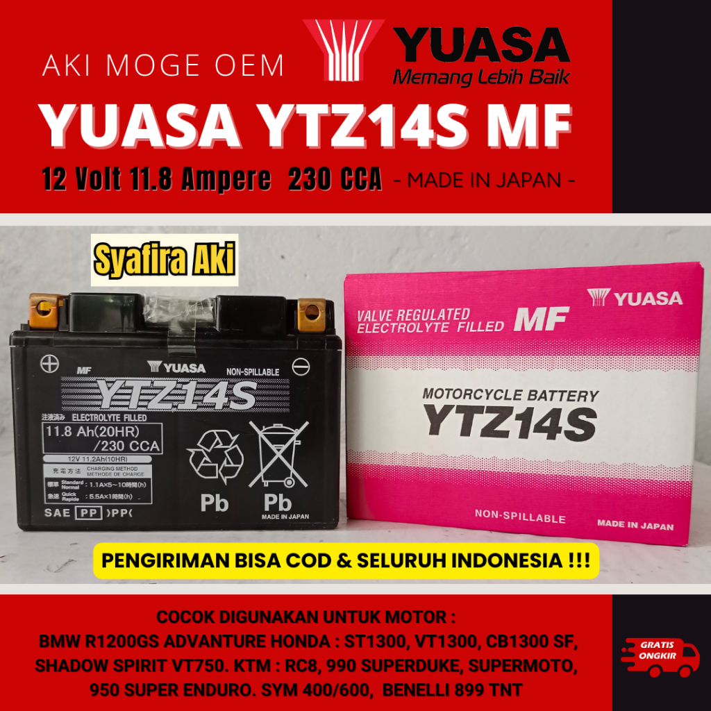 Jual Aki Honda CB1100 ABS 2013 -NT700VA ABS Yuasa YTZ14S Aki Kering 12v ...
