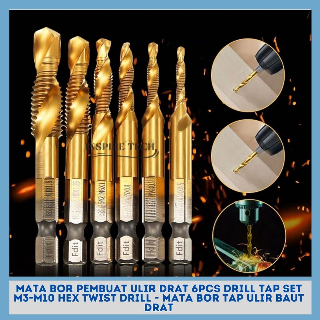 Jual Mata bor pembuat ulir drat 6pcs drill tap set M3-M10 hex twist ...