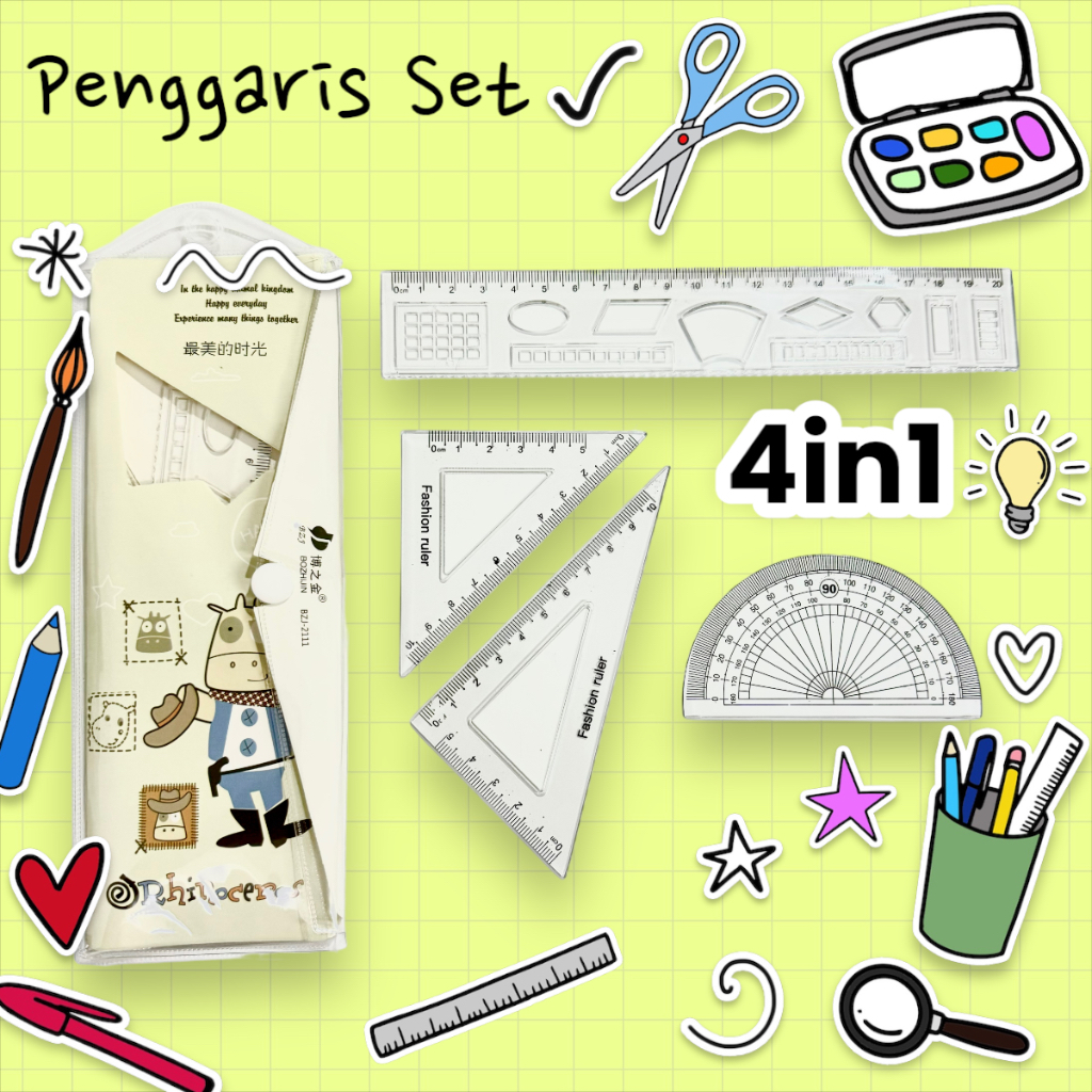 Jual Set Penggaris isi 4 Penggaris lurus bulat segitiga Model Penggaris ...