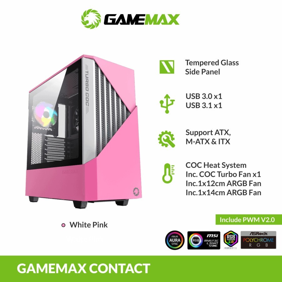 Jual GameMax Contac COC White Pink E-ATX Gaming PC Case With COC Fan ...