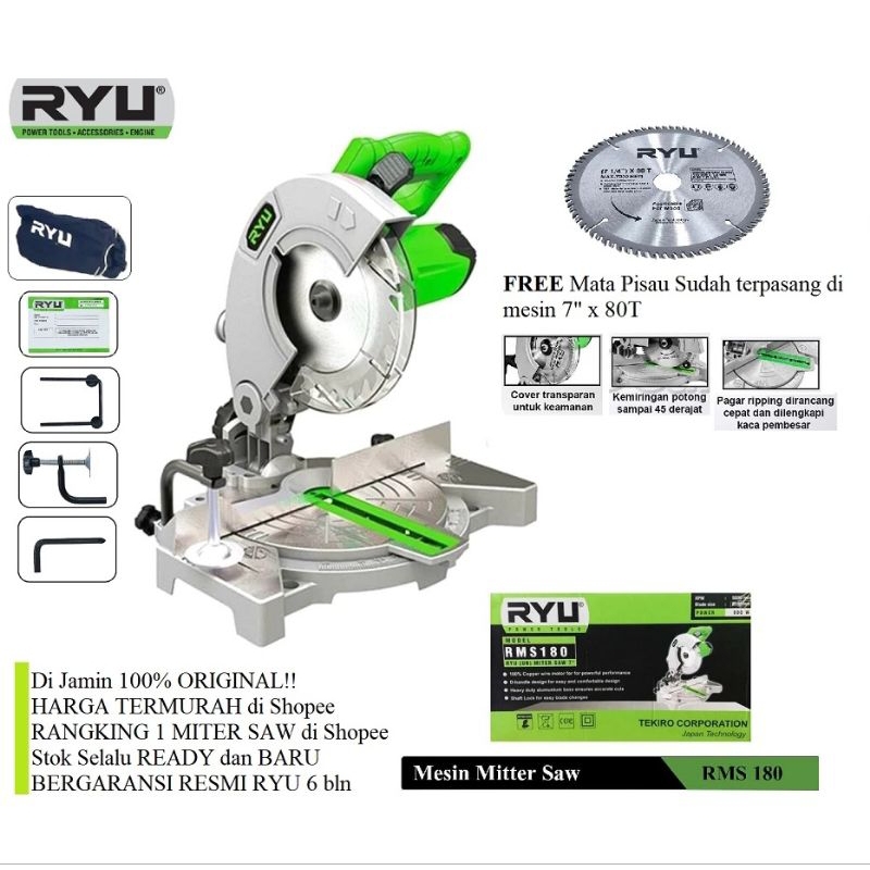 Jual RYU MESIN MITER SAW 7INCH RYU RMS180 MESIN MITER SAW GERGAJI ...