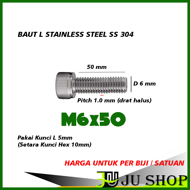 Jual Baut L M6x50 (HALUS) (KUNCI 10MM / kunci L 5MM) stainless steel M6 ...