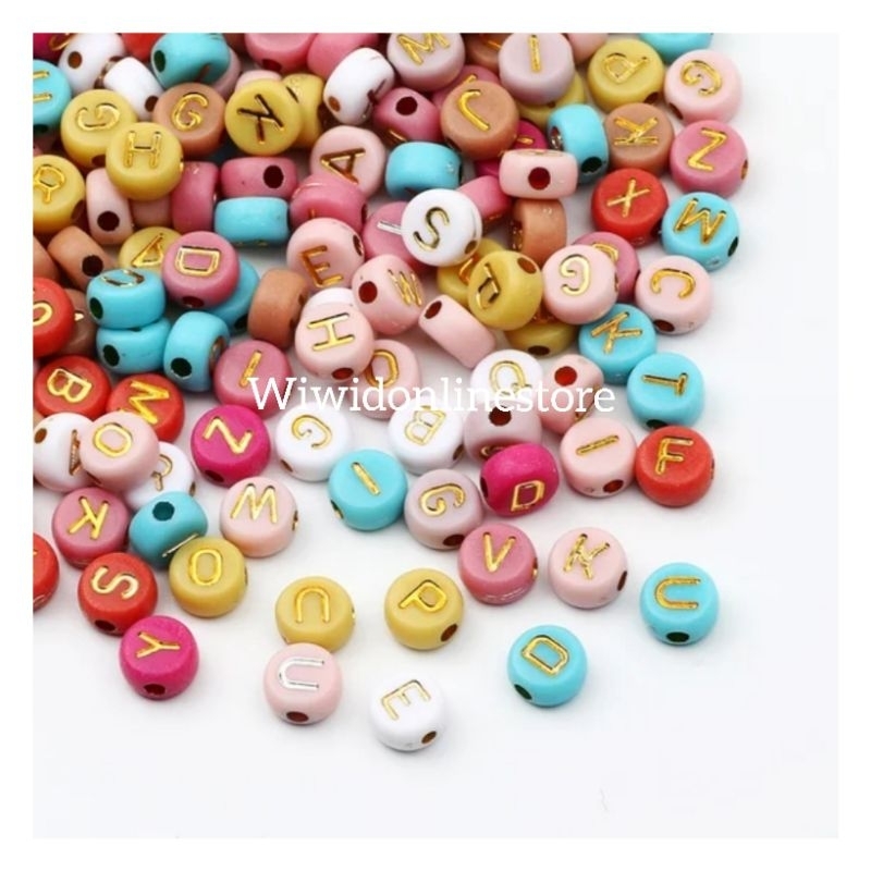 Jual (100 biji) MANIK HURUF PASTEL MACARON HURUF EMAS 6 mm | Shopee ...