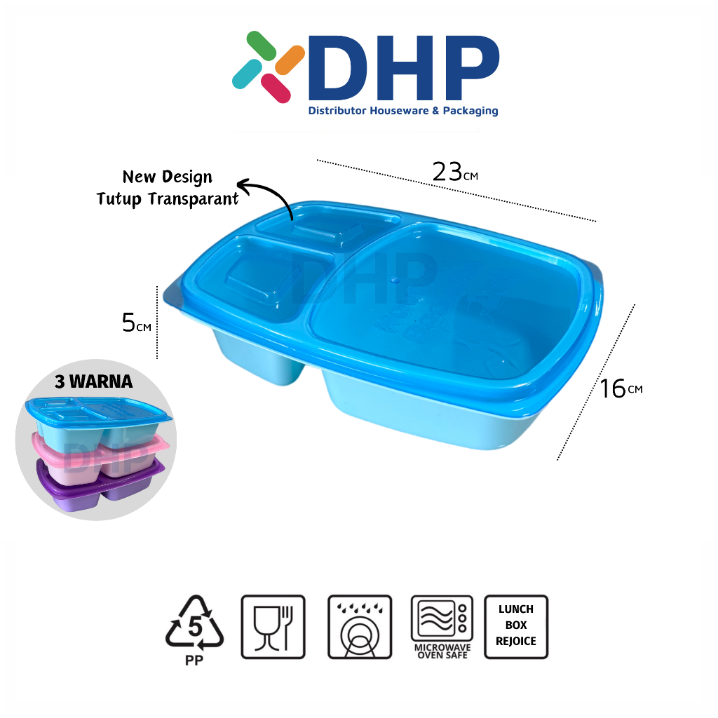 Jual Lunch Box REJOICE (23x16 h:5) Sekat 3 Kotak Plastik Tempat Bekal Lunch Box Serbaguna ...