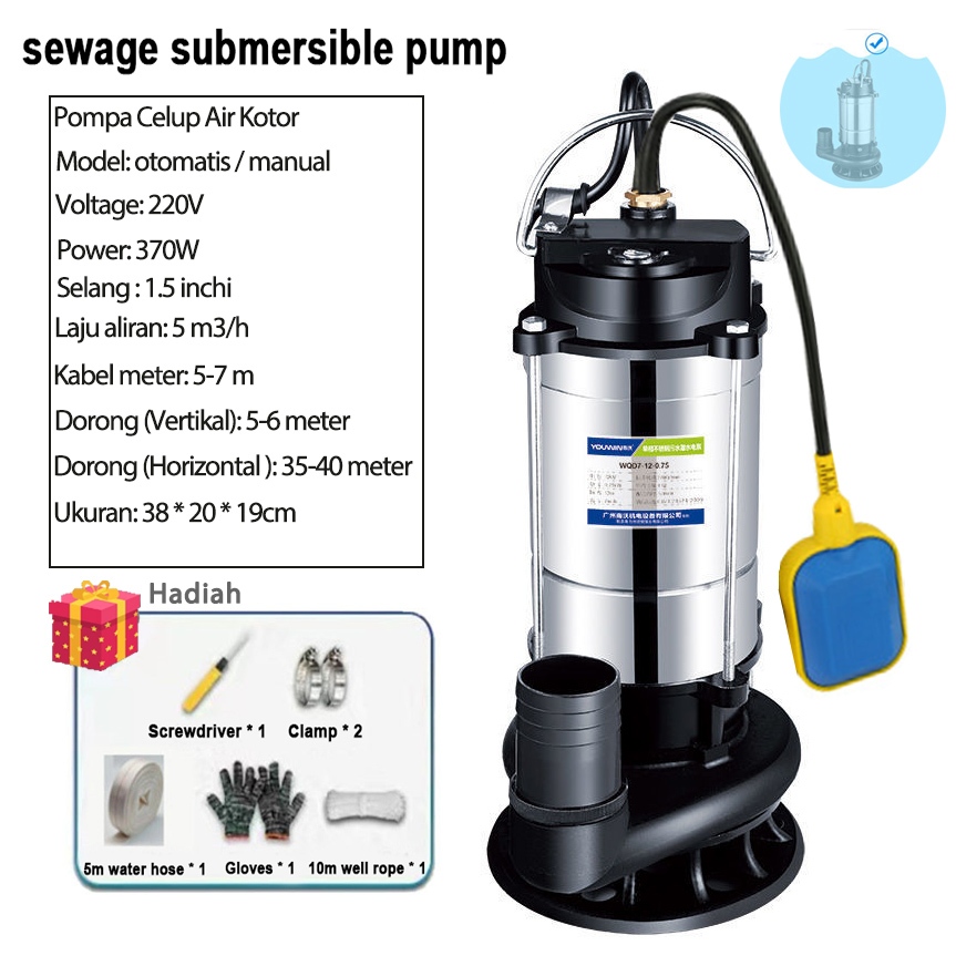 Jual Pompa Celup Air Kotor Otomatis 370Watt Stainless Steel sewage pump Submersible Pump Mesin ...