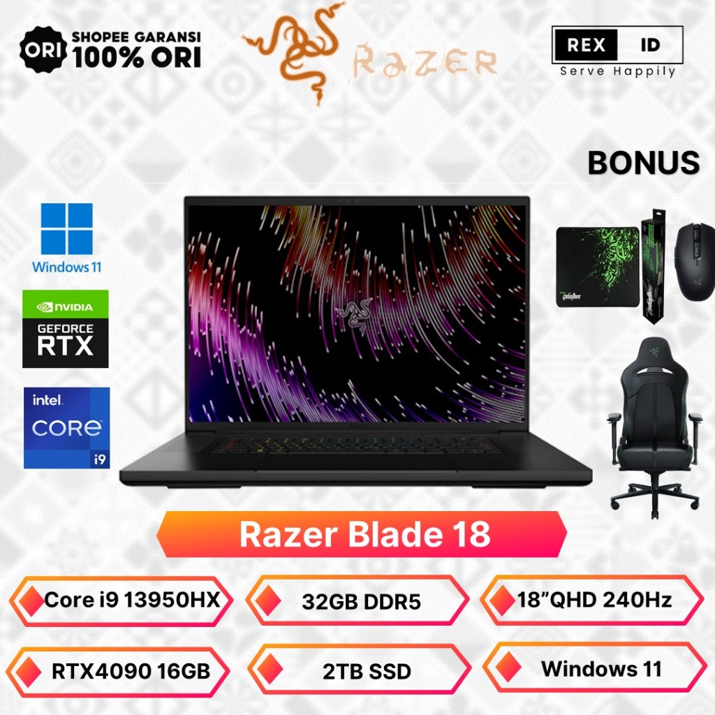 Jual Razer Blade 18 RTX4090 16GB Core i9 -13950HX 32GB 2TB 18"QHD 240Hz ...