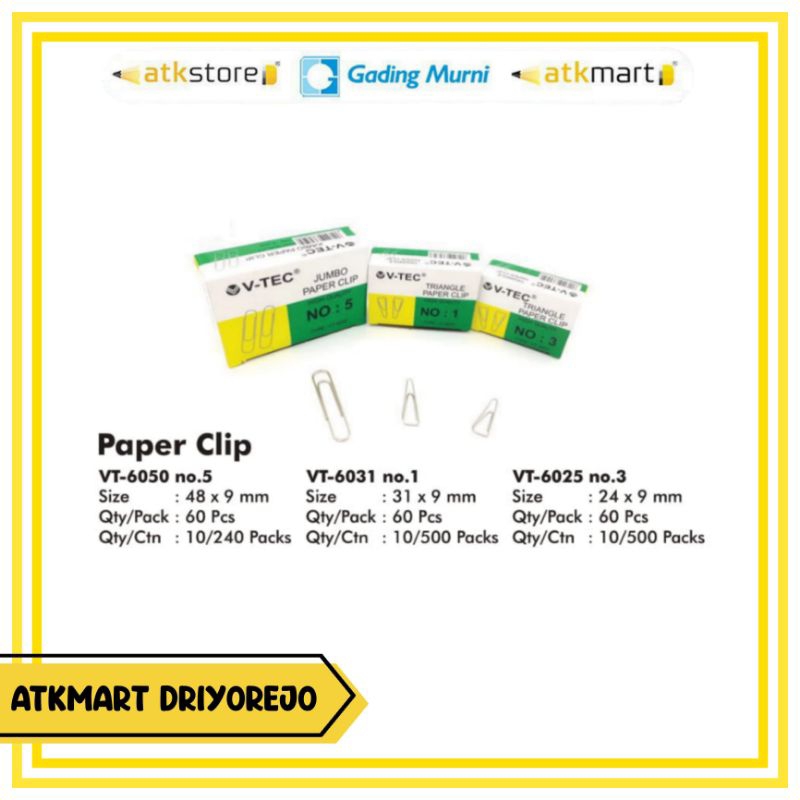Jual PAPER CLIP KERTAS TRIANGLE JUMBO No. 3 No. 1 No. 5 V-TEC PENJEPIT ...