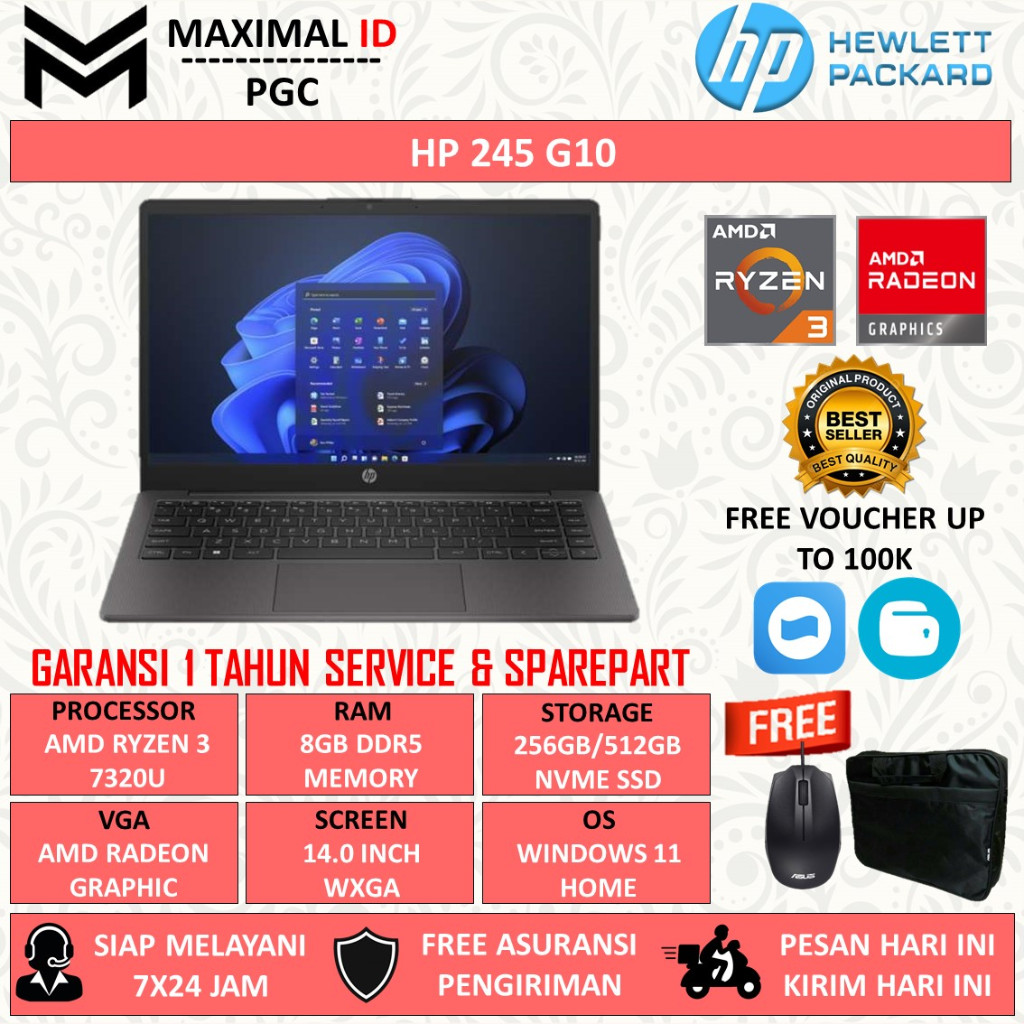 Jual LAPTOP GAMING HP 245 G10 AMD RYZEN 3 7320U RAM 8GB DDR5 256GB SSD ...