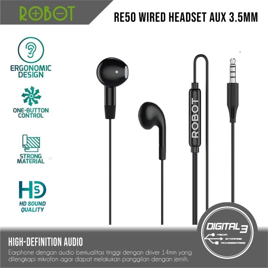 Jual Robot RE50 Wired Headset Kabel AUX Jack 3.5mm Earphone with MIC ...