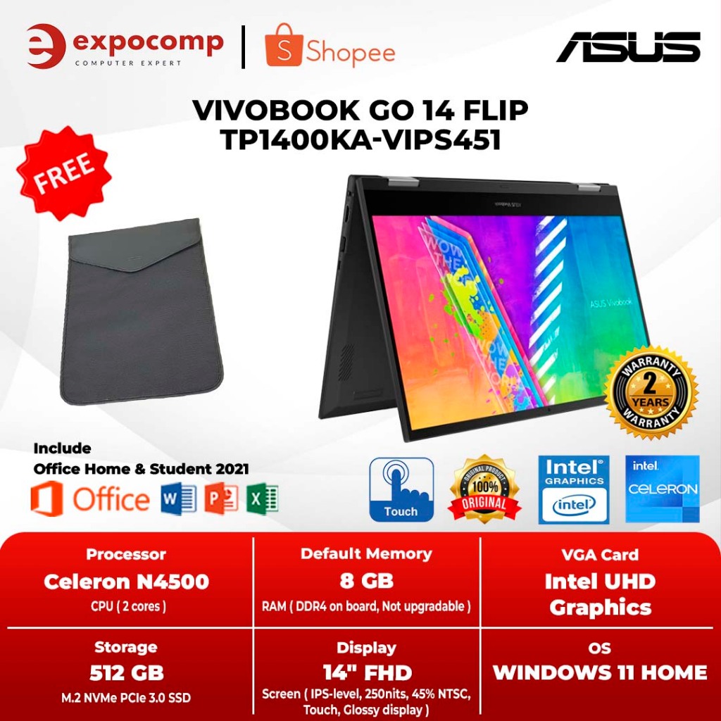 Jual ASUS VIVOBOOK GO 14 FLIP TP1400KA-VIPS451 CELERON N4500 8GB 512GB ...