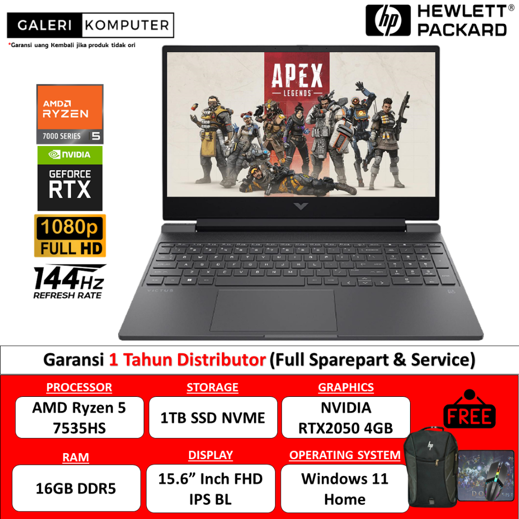 Jual Laptop Gaming HP Victus 15 AMD Ryzen 5 7535HS 16GB DDR5 1TB SSD RTX2050 FHD IPS 144Hz Win11 ...