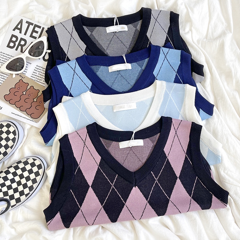 Jual XIAOZHAINV korea style retro kotak rajut V-neck Rompi Rajut Crop Top Wanita Kotak Kotak ...