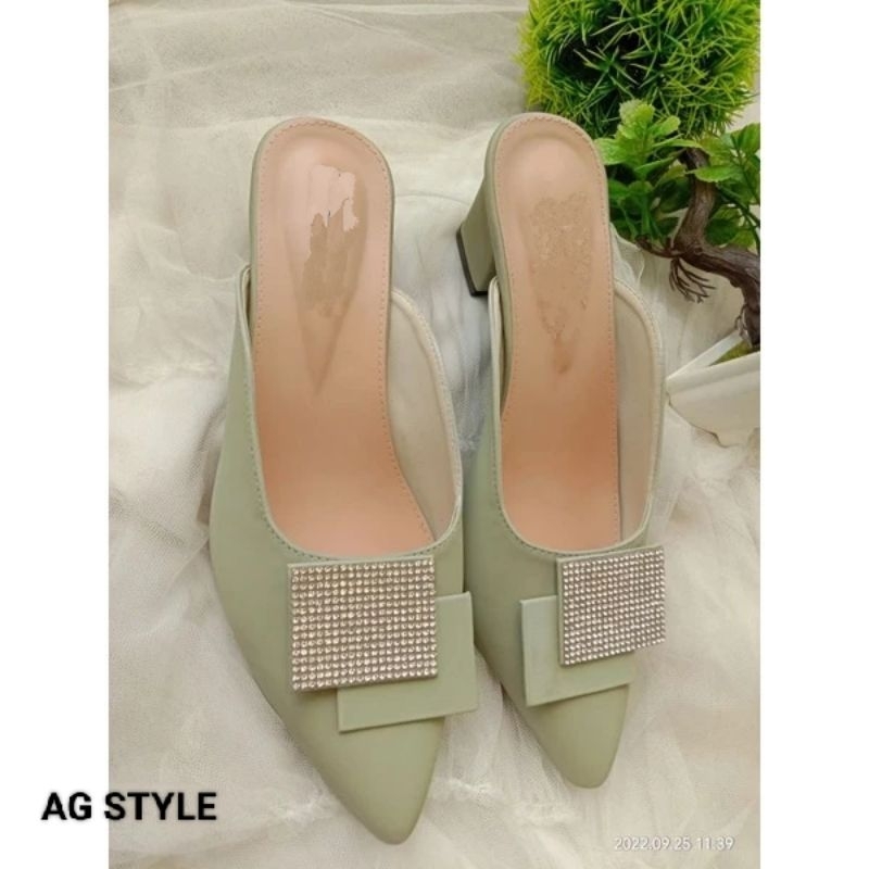 Jual Sepatu sandal heels wanita Hak Chunky 5 cm selop diamond mutiara ...